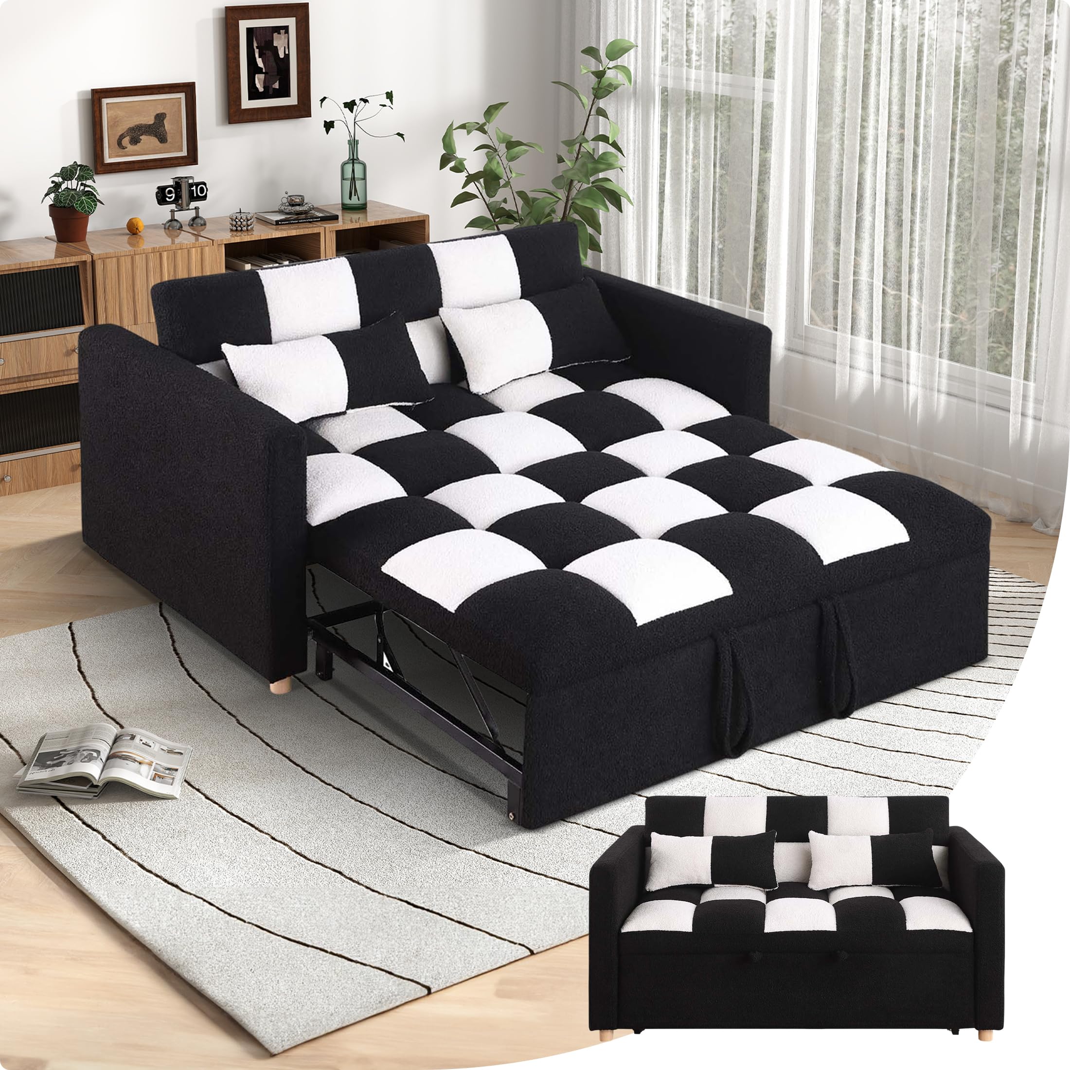 SumKea 52.76'' Convertible Teddy Sleeper Sofa Couch, Modern 3-in-1 Loveseat with Adjustable Backrest, 2 Pillows, Lounge Sofa, Couches for Living Room, Apartment, Black White