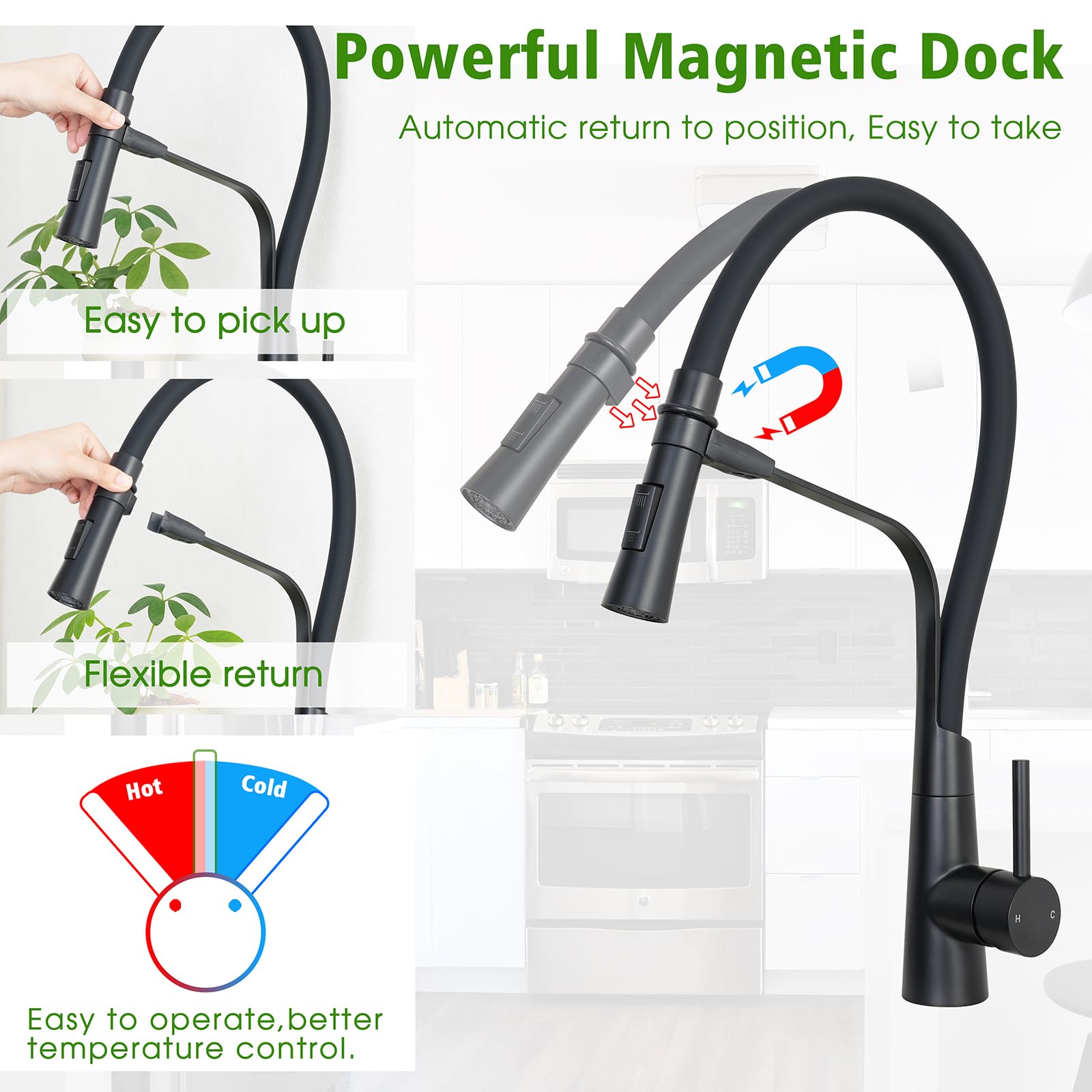 TRYWELL Kitchen Faucets with Side Sprayer Single Handle Pull Out Hose Magnetic Docking Faucet Stainless Steel Black Kitchen Sink Faucet Commercial Faucet (CW-118E-BK,Black)