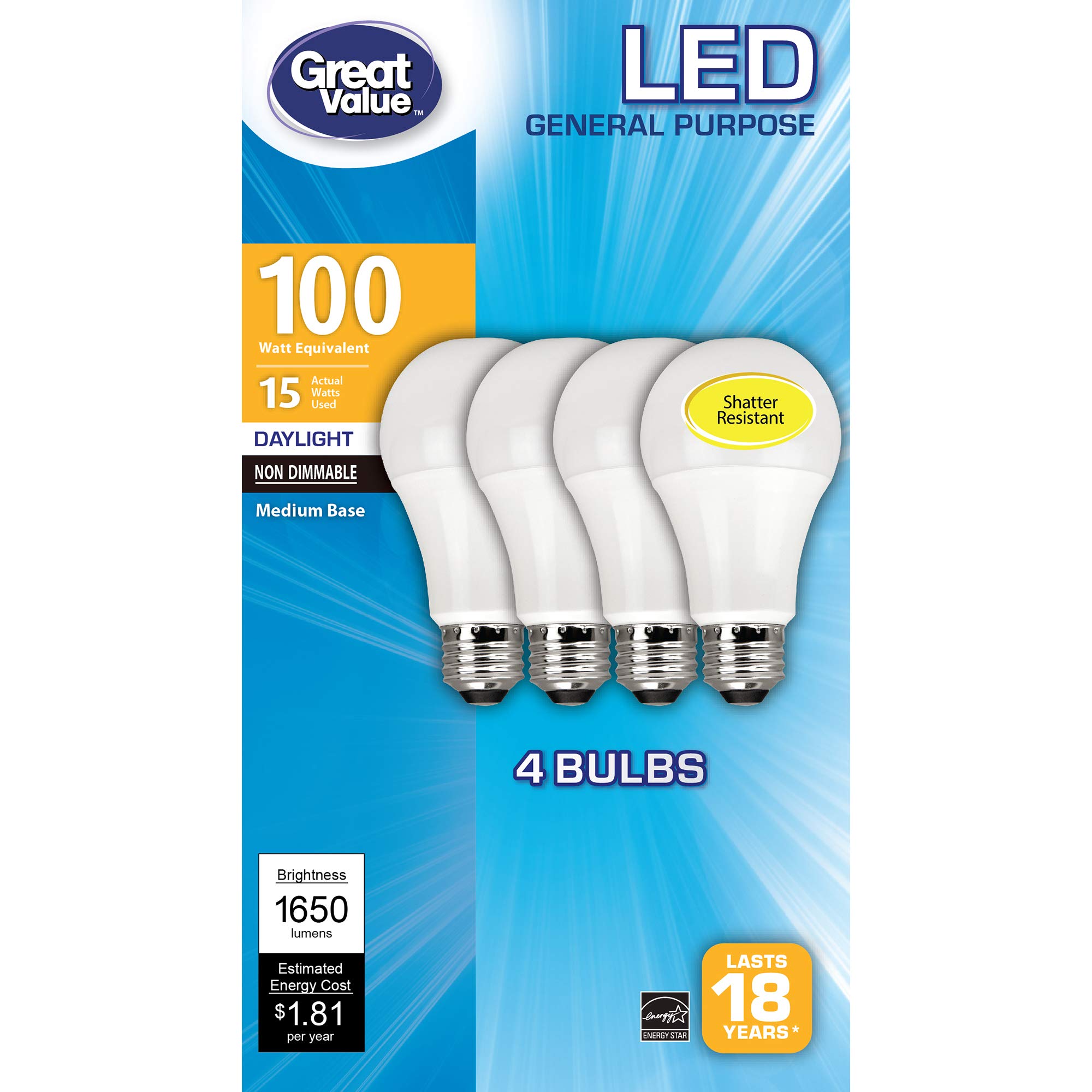 Great Value led light bulbs 14w (100w equivalent), daylight, 4-pack