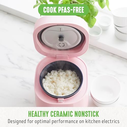 GreenLife PFAS-Free, 4-Cup Rice Beans Oats and Grains Cooker, Healthy Ceramic Nonstick, Easy to Use Automatic Presets, Dishwasher Safe Parts, Pink
