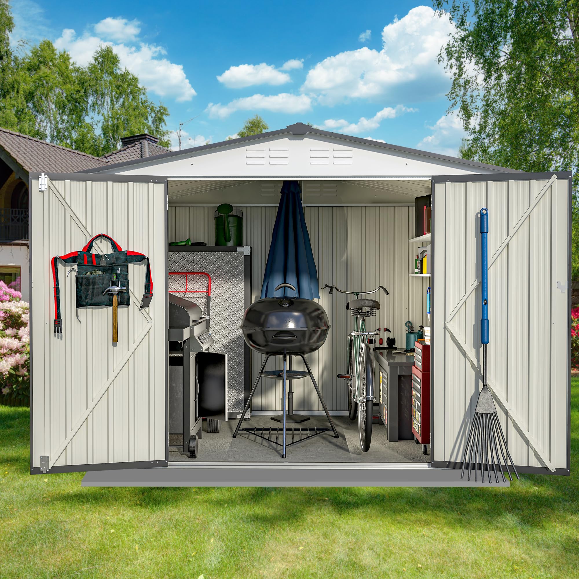 SumKea 8ftx6ft Tool Shed Outdoor Storage, Galvanized Steel Metal Shed, Tool Shed Equipped with Vents and Lockable, Outdoor Tool Shed Ldeal for Backyards, Patio, Gray White