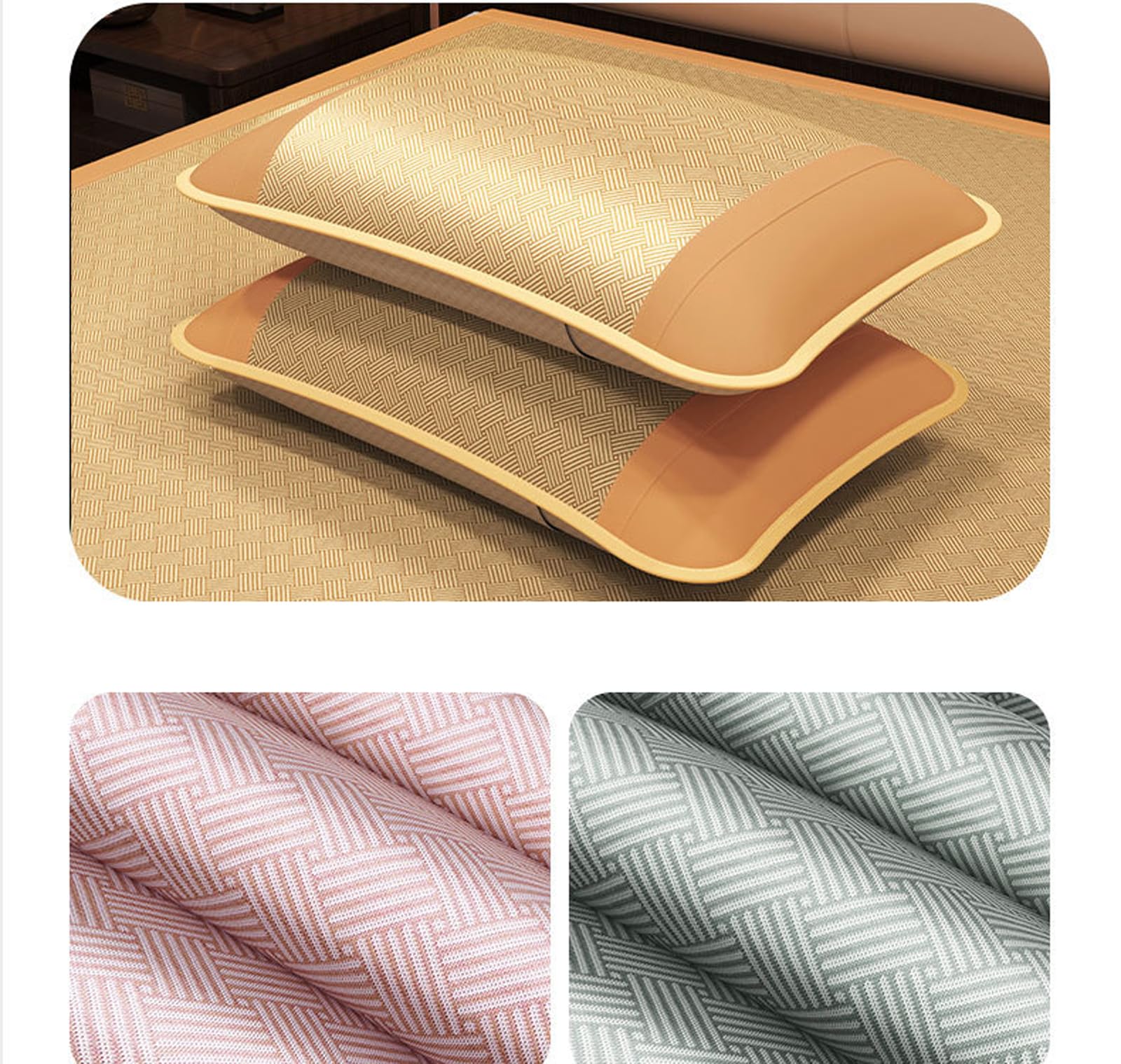 Summer Sleeping Pad Ice Rattan Mat 3 Piece Set (1 Mattress + 2 Pillowcases) Summer Ice Silk Mat Washable Cooler Mattresses (Gray, 59 * 78in/150 * 200cm)