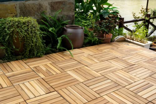 YAMAZING 12βx12β Solid Wood Interlocking Flooring Tiles (Pack of 9), Acacia Hardwood Deck Tiles, Floor Tile for Both Indoor & Outdoor Use, Patio Garden, Waterproof All Weather, 6 Slat (9 Sq Ft)