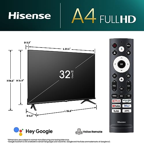 Hisense 32-Inch Class A4 Series FHD 1080p Google Smart TV (32A4K) - DTS Virtual: X, Game & Sports Modes, Chromecast Built-in, Alexa Compatibility