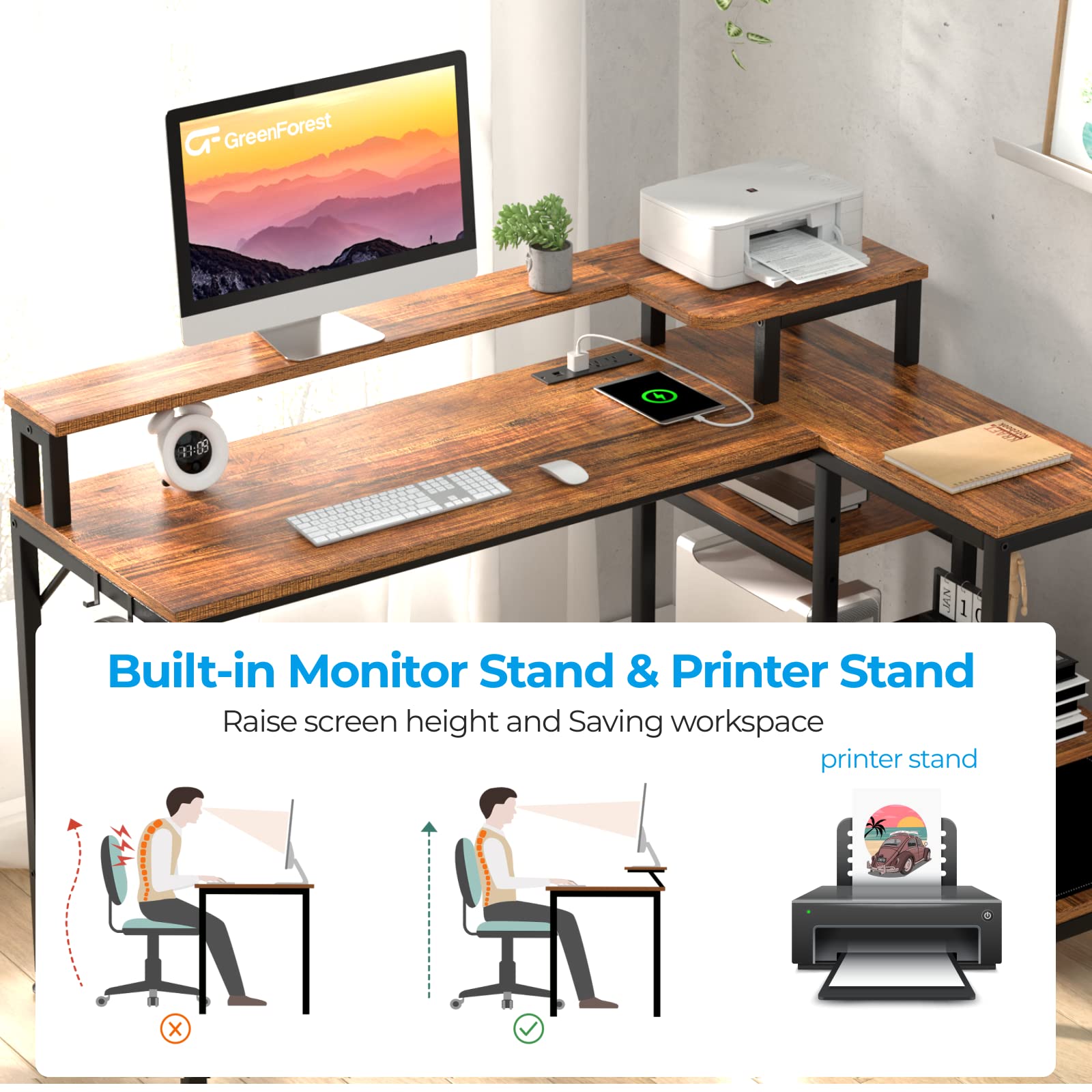 GreenForest L Shaped Desk with Drawers and Power Outlet, 51 inch Home Office Computer Desk with Monitor and Printer Stand, 4 Tier Storage Shelves and Hooks for Work and Study, Walnut