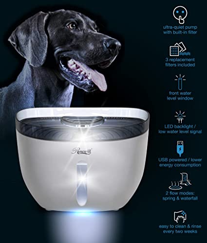 Rosewill 2L Automatic Pet Water Fountain, LED Indicator & Auto Turn Off, 2 Modes Water Dispenser, Incredibly Quiet, Low Energy Consumption, White - (RPWF-21001)
