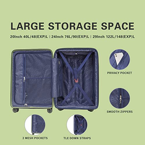 VERAGE Freeland 3 Piece Luggage Sets with X-Large Spinner Wheels, Expandable Hardshell Luggage Sets, Travel Suitcase Set TSA Approved (20/24/29-Inch, Green)