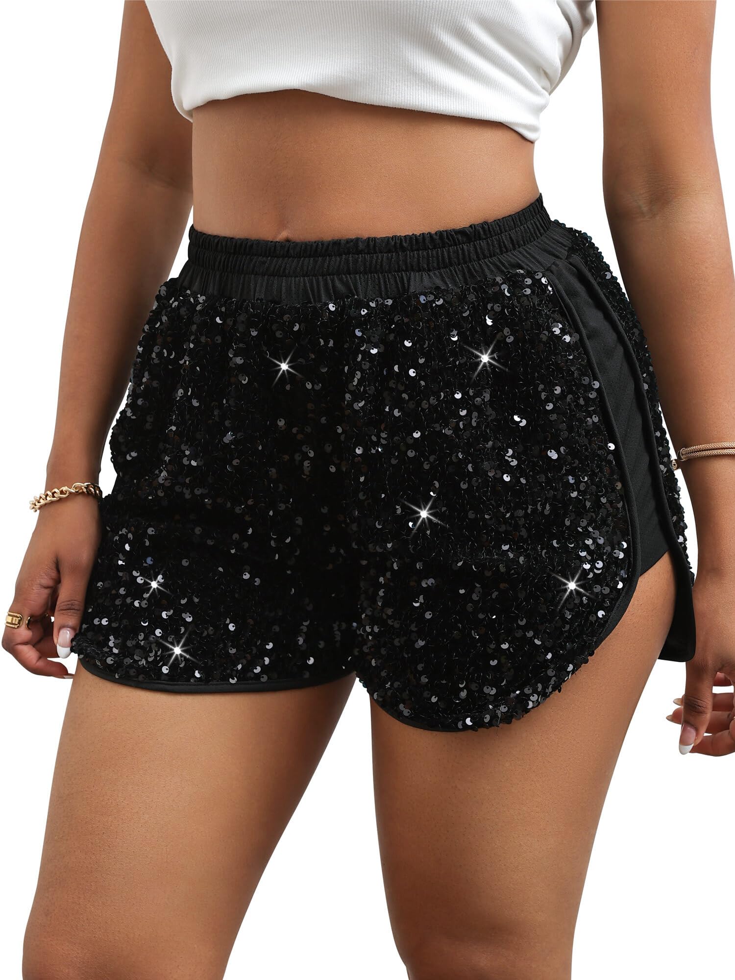 GRTXIN Sequins Shorts for Women High Elastic Waist Sparkly Shorts Hot Pants Solid Party Shorts(Black-XL)