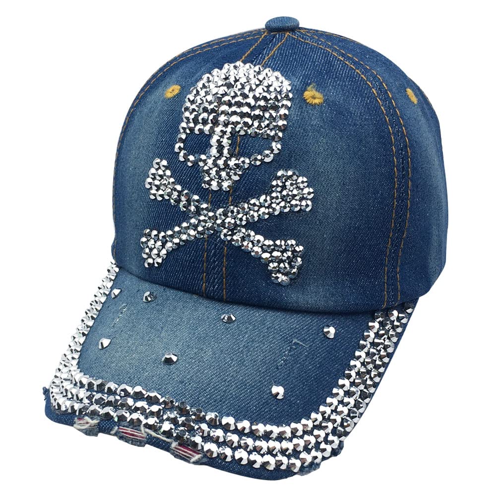 Kangqifen Women Rhinestone Pattern Distressed Denim Baseball Cap Sparkle Bling Hat Adjustable (Skull-03)