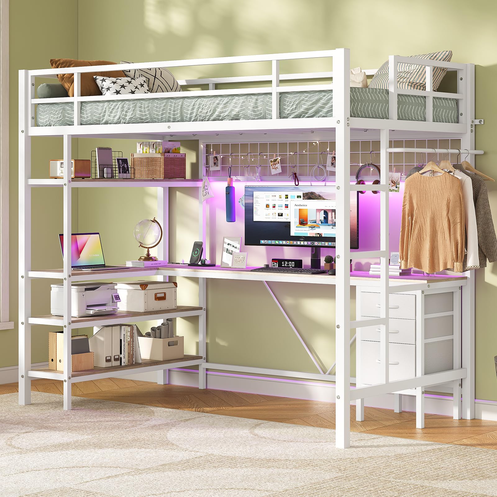 VIAGDO Loft Bed Twin Size with L-Shaped Desk, Charging Station and LED Lights, Twin Loft Bed with 4-Tier Bookshelf and 3 Drawers, Clothes Rail, Safety Guardrail&Ladder, No Box Spring Needed, White