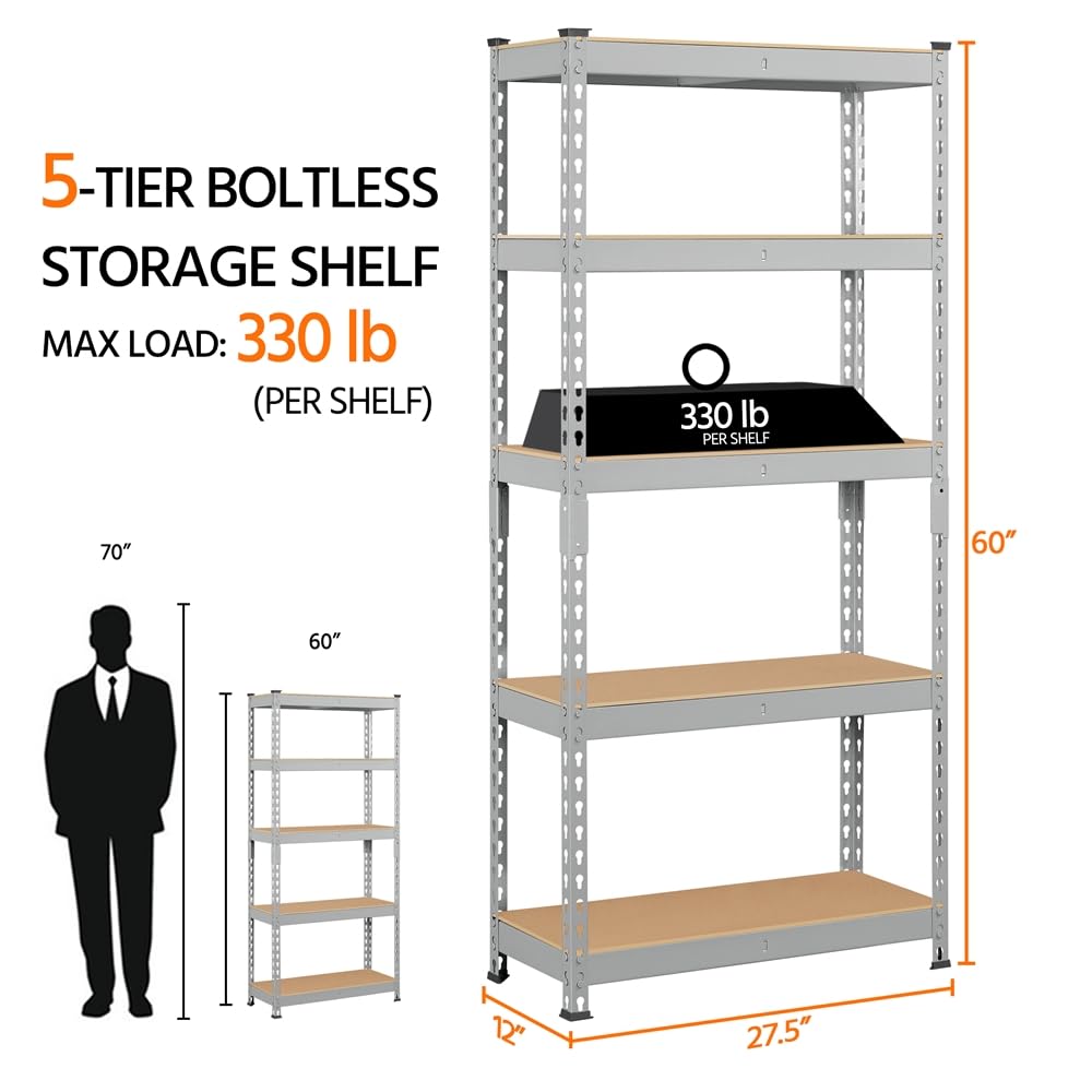 TTUDUSDP 4 Pieces of 5 Tiers Boltless Storage Shelf Goods Rack for Home Warehouse, Light Gray
