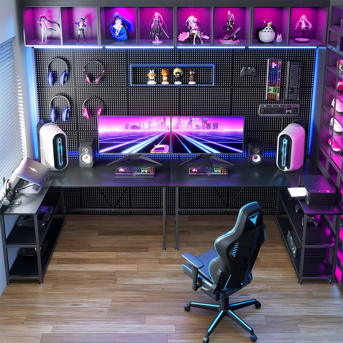 GreenForest Large L Shaped Gaming Desk 55x39.4 inch Reversible Corner Computer Desk with Storage Shelves for Home Office PC Workstation Laptop Table, Black
