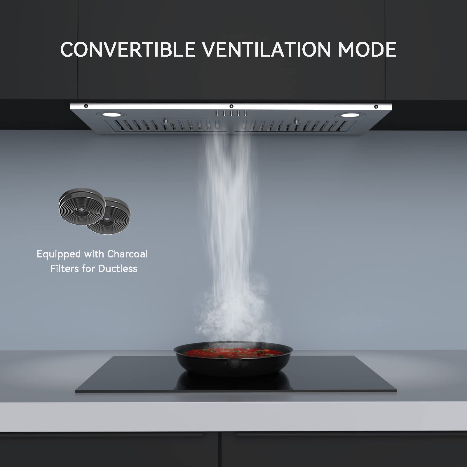 Hermitlux 30 inch Built-in/Insert Range Hood, 600 CFM 3 Speed Vent Hood, Ducted/Ductless Convertible, Stainless Steel Range Hoods with Bright LED Light, Baffle Filters and Charcoal Filters