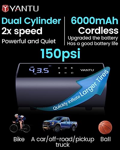 YANTU Cordless Tire Inflator Portable Air Compressor,12V Tire Pump Battery Powered, Dual Cylinder 2X Inflation, Air Pump for Inflatables with 8.3Inch Digital Large Screen for Off-Road/SUV/Pickup