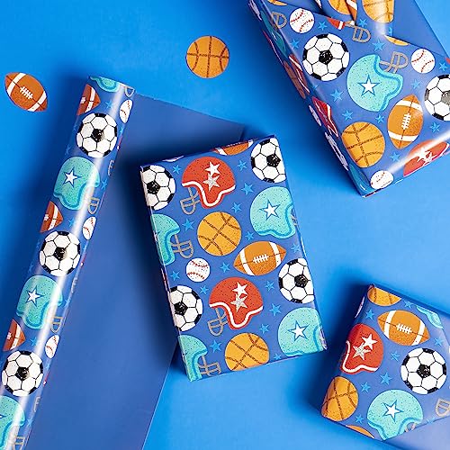 WRAPAHOLIC Reversible Wrapping Paper - Mini Roll - 17 Inch X 33 Feet - Ball Design with Solid Blue Design for Birthday, Holiday, Baby Shower
