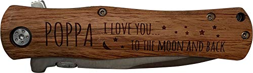 Poppa - I Love You to The Moon and Back Stainless Steel Folding Pocket Knife with Clip, Wood