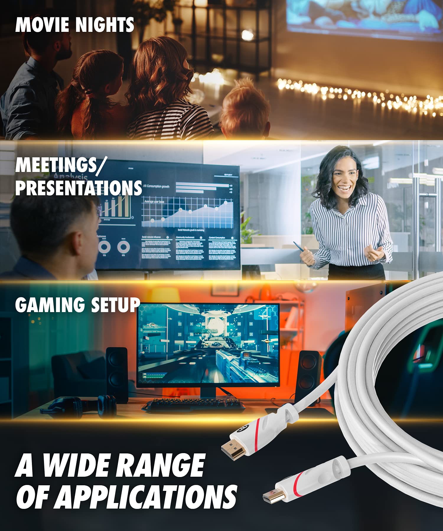 HDMI Cable 35 ft - 4K Resolution UHD 2.0b Ready - Supports Ethernet Ultra HDR Video HD Bandwidth 18Gbps - Audio Return Channel - 35 Feet (10.6 Meters) High Speed HDMI Cable