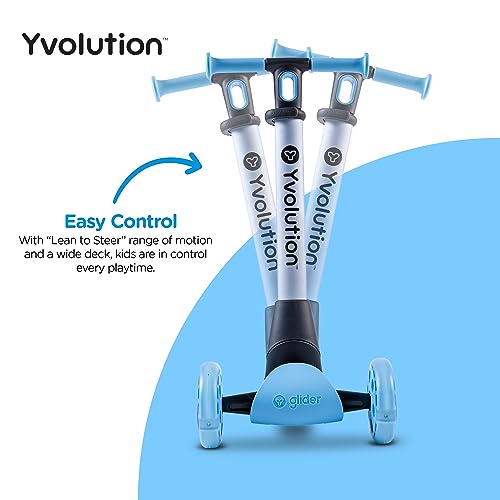 Yvolution Y Glider Nua | Three Wheel Foldable Kick Scooter for Kids with Storage Accessory for Children Ages 3+ Years (Blue)