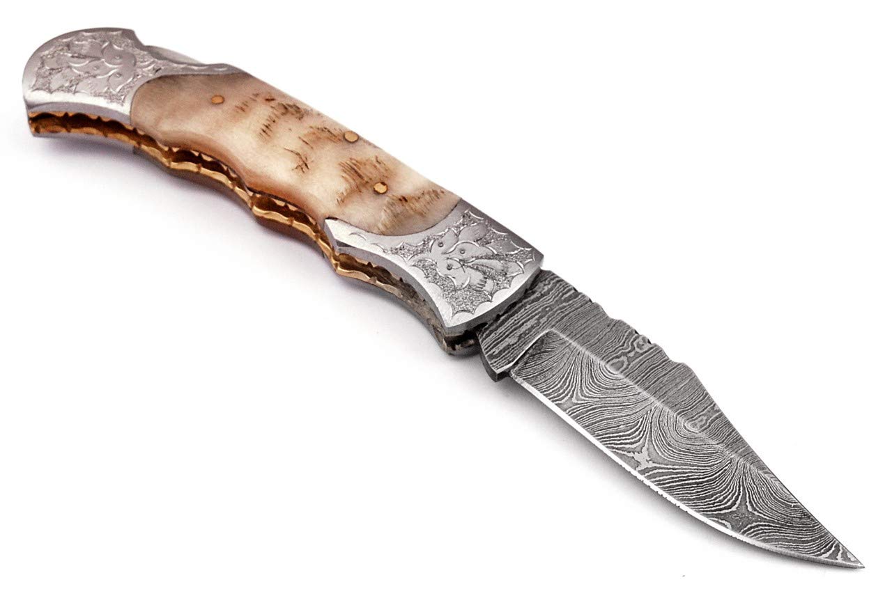 Handmade Damascus Steel Pocket Knife - Damascus Folding Knife - Pocket Knife for Men, EDC gift Knife & Damascus Blade Hunting Skinning Knife with Back Lock & Ram Horn Handle with Leather Knife Sheath