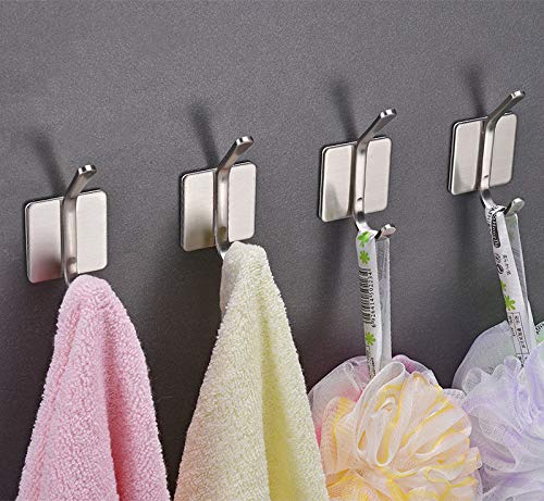 ZSYSUP 4 Pack Stainless Steel Adhesive Wall Hooks for Hanging, Seft-Adhesive Robe/Coat/Hat/Towel/Key Hooks for Bathroom Kitchen Curtain Door