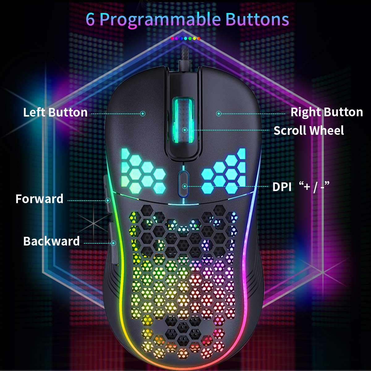HETOETF Lightweight Gaming Mouse, Wired USB PC Gaming Mice with Ultralight Honeycomb Shell, RGB Chroma LED Light, 7200 DPI Adjustable, Programmable 6 Buttons Mouse for Windows 7/8/10/XP