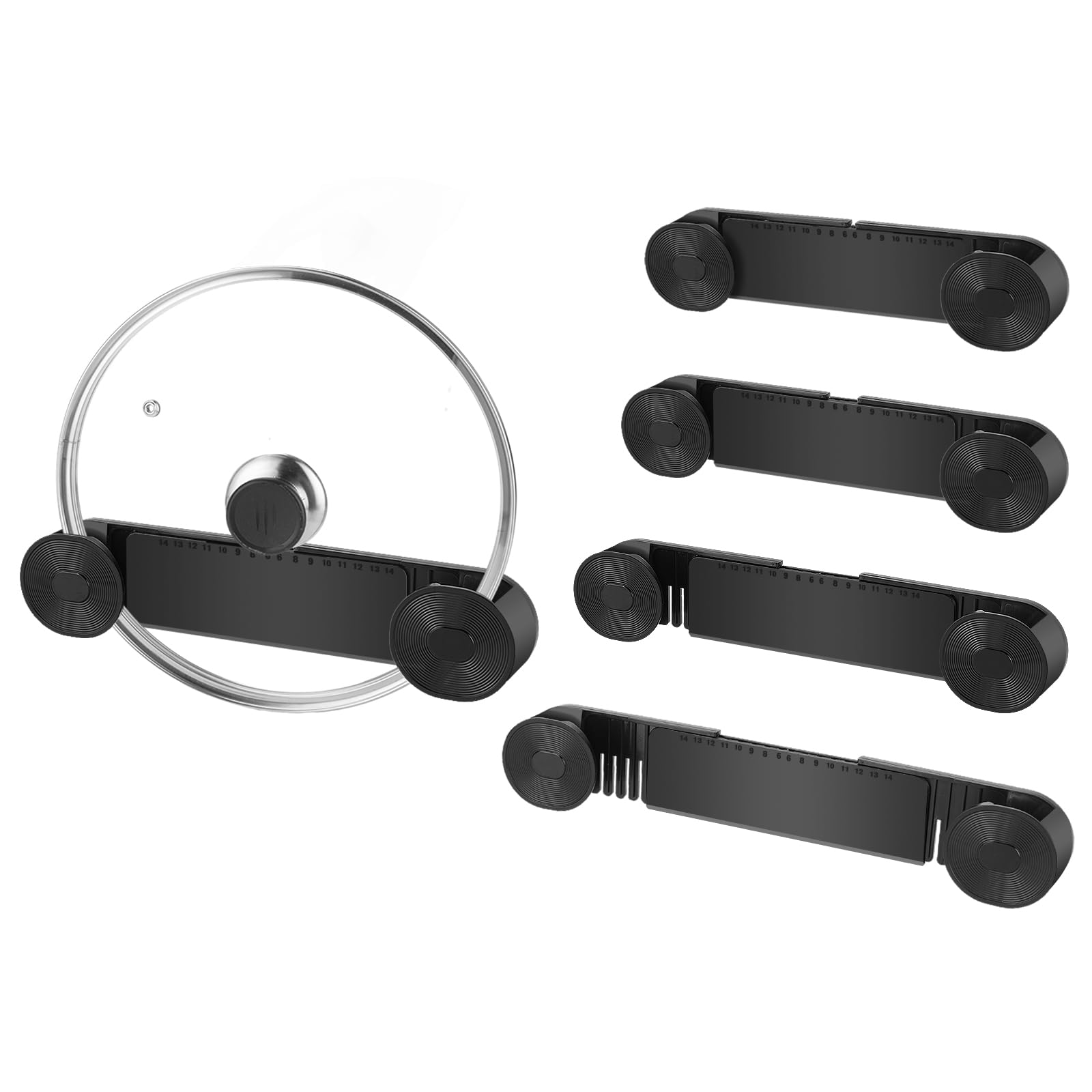 YONGAIJIA 4 Pack Adjustable Pot Lid holder,Pan Cover Organizer Fits 6" to 14" lid, Adhesive Wall Mount Pots Lid Storage for Kitchen Cupboard 、Cabinet Door (Black)