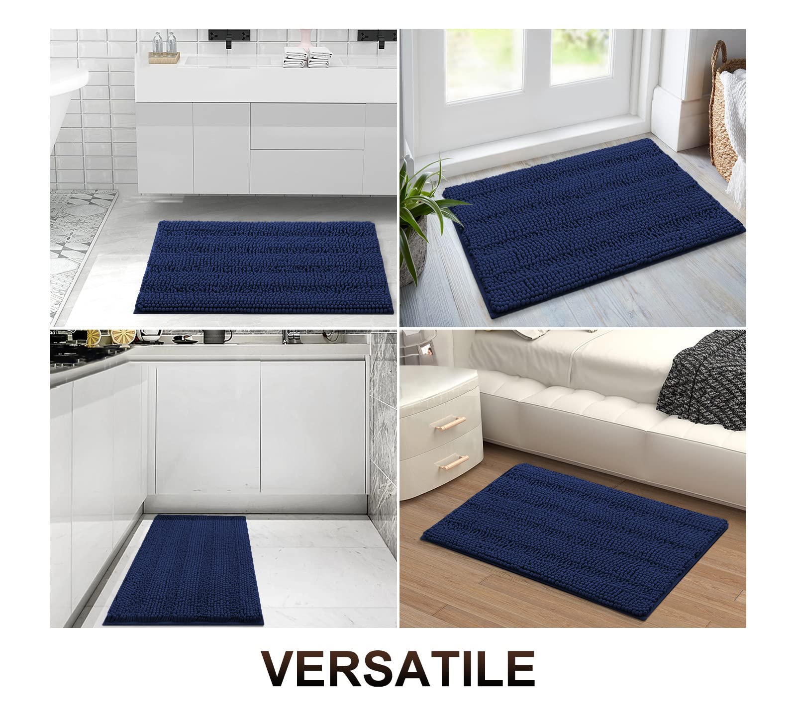 Grandaily Chenille Striped Bathroom Rugs 30x20, Extra Thick and Absorbent Bath Rugs, Non-Slip Soft Plush Shaggy Bath Carpet, Machine Wash Dry, Bath Mats for Bathroom, Navy