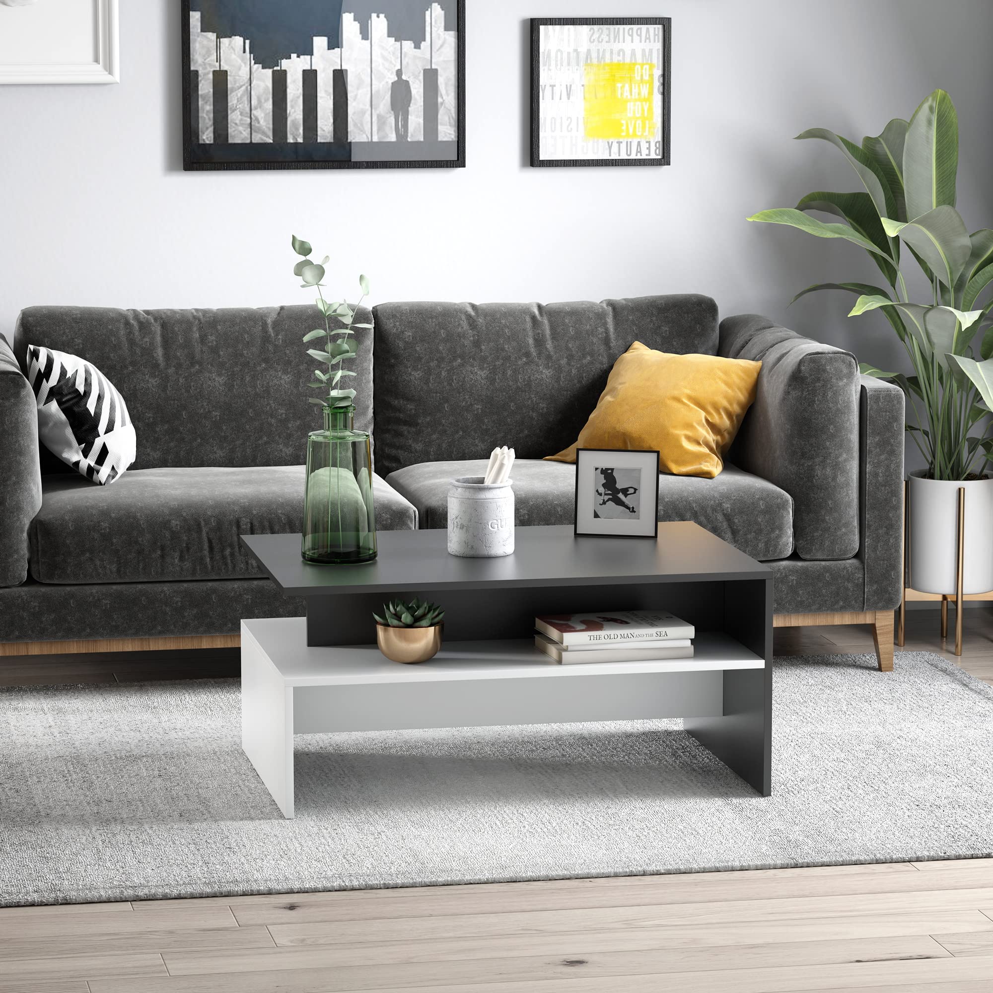 HOMCOM Modern Coffee Table, 2-Tier Rectangular Center Table with Storage Shelves for Living Room, Black/White