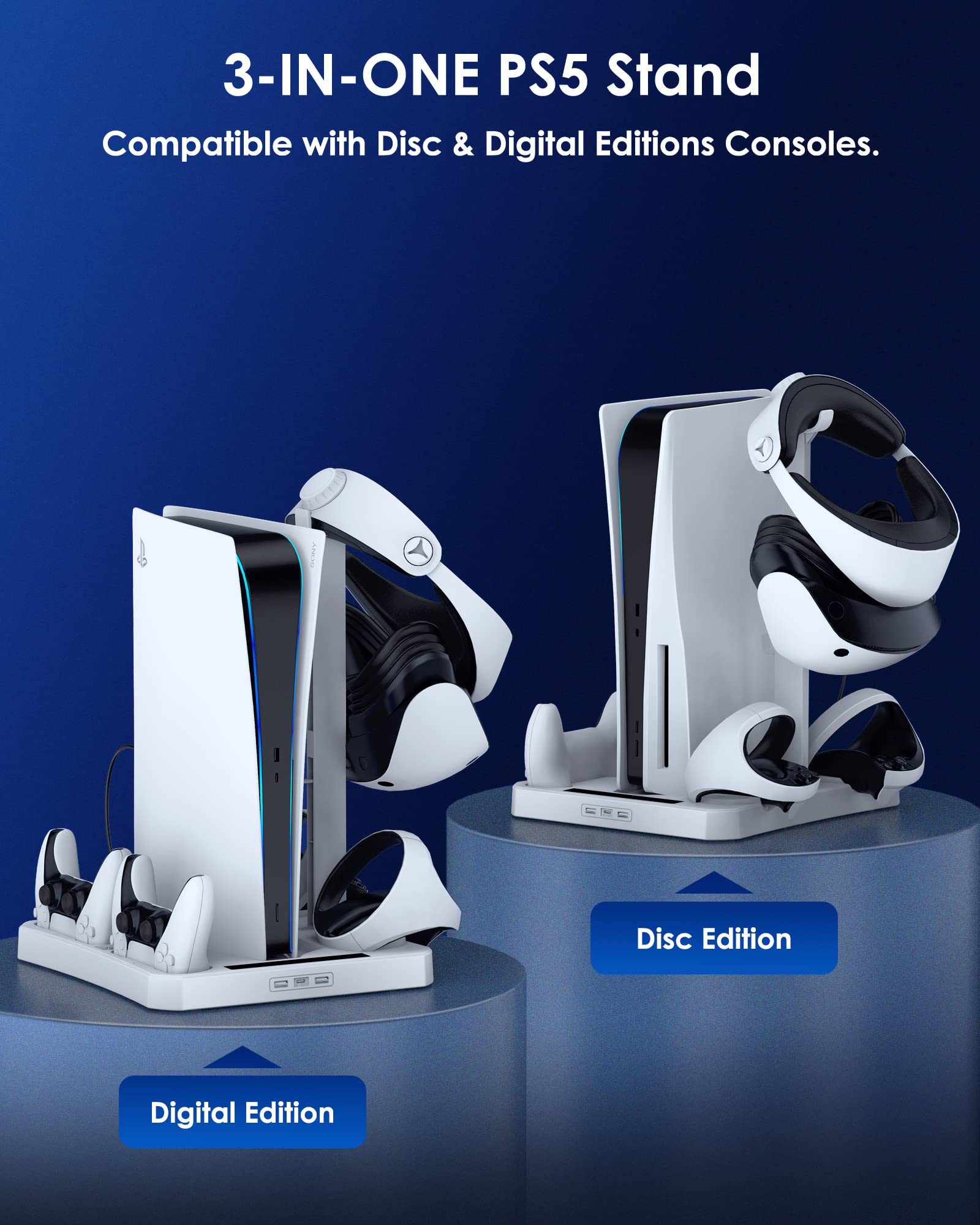 HAPAW PS-5 Cooling Stand & PSVR2 Charging Station, Metal Stand Base, 3-in-1 Storage, Wireless Charging for 4 Controllers, LED Indicators, Compatible with Disc & Digital Editions