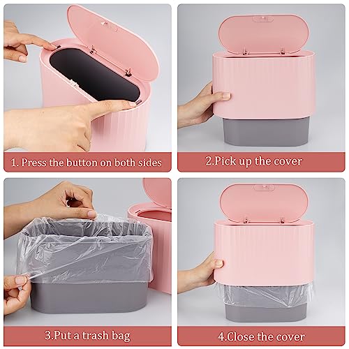 Uprony Mini Trash Can Pink with Lid 0.5 Gallon / 2L with 180 pcs Trash Bag, Tiny Trash Can Mini Bin Waste Basket, Countertop, Bedroom, Office, Vanity, Kitchen Garbage Can