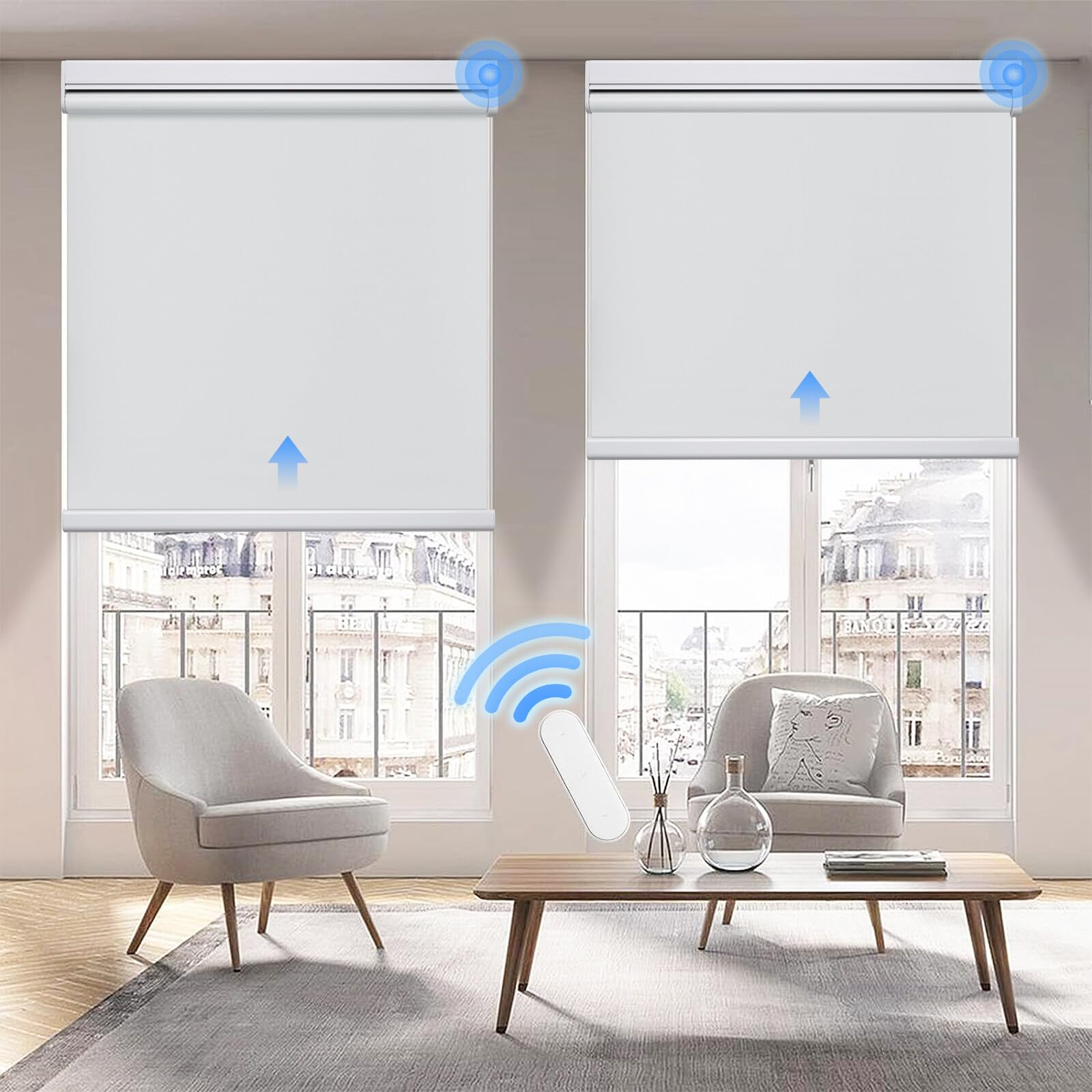 Grandekor Motorized Roller Shade with Remote Control,Motorized Blinds 100% Blackout Electric Shades, Cordless Window Blinds Shades for Bedroom Living Room Office,White,W35 xH72
