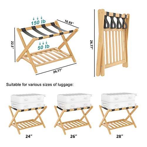 Smart FENDEE 26.77" Fully Assembled Natural Luggage Rack for Guest Room, Bamboo Wide Suitcase Stand with Storage Shelf, Folding Luggage Holder for Bedroom, Hotel