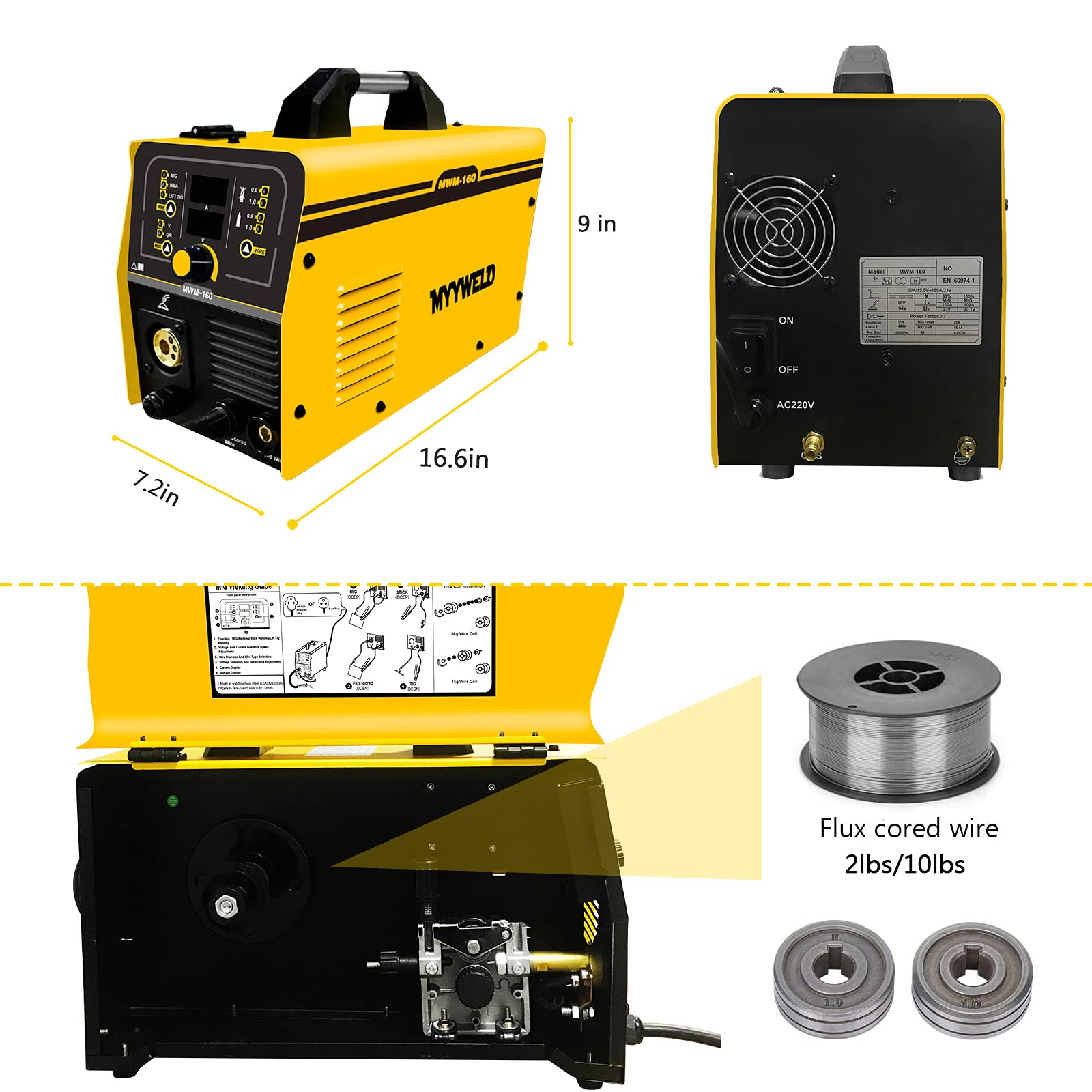 MYYWELD 160A MIG Welder, Gas/Gasless 4 in 1 Welding Machine Stick ARC/Flux MIG/Solid Wire/LIFT TIG Welder with IGBT Inverter,220V Flux Core Wire Welder