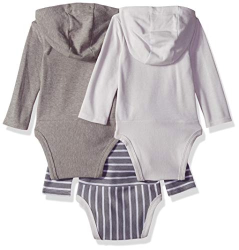 Hanes, Ultimate Flexy Hoodie Long Sleeve Bodysuit, Babies and Toddlers, 3-Pack, Grey Stripe, 12-18 Months