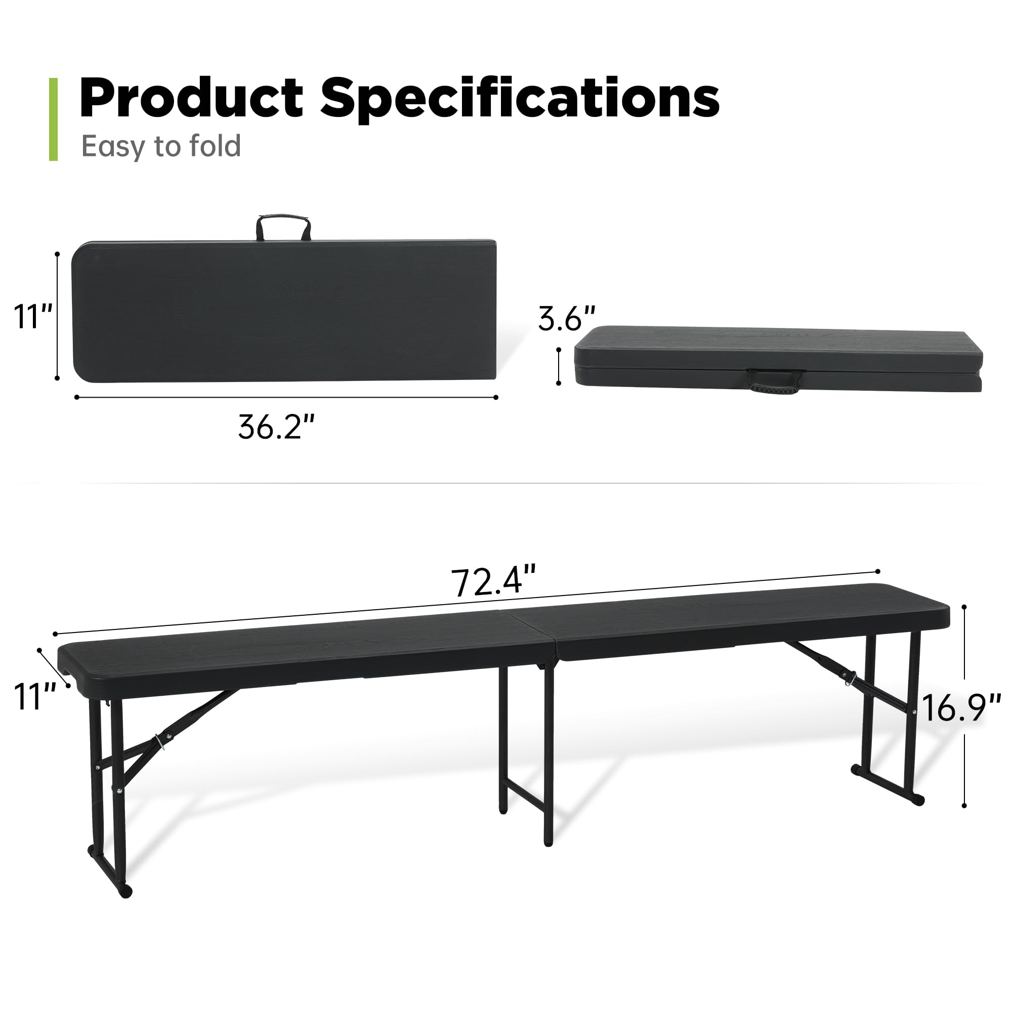 Real Relax 6FT Folding Bench, 2 Pack Portable Bench with Handle and Non-Slip Pad, Waterproof Camping Bench for Garden, Picnic, Indoor Outdoor Entertaining, White