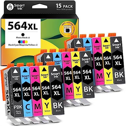 Smart Ink Compatible Ink Cartridge Replacement for HP 564 XL 564XL High Yield 15 Combo Pack (3 Black, 3PBK & 3 C/M/Y) for Photosmart 6525 6520 7520 5520 7510 5510 7525 DeskJet 3520 3522 OfficeJet 4620