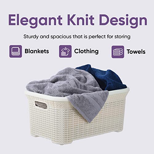 Plastic Laundry Basket Small Storage Hamper Basket, 2 Pack Cream Cloths Basket Organizer with Cut-Out Handles. Space Saving for Laundry Room Bedroom Bathroom, Knit Design 40 Liter.