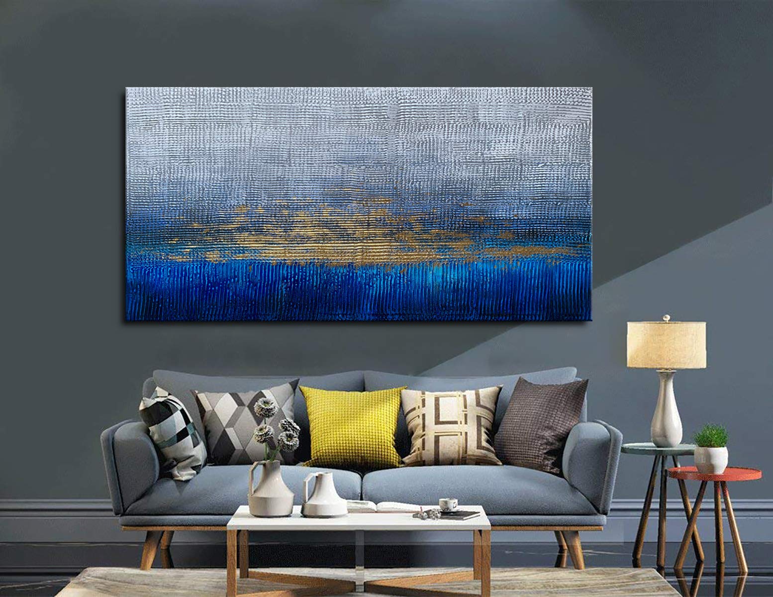 Handmade Textured Abstract Wall Art Blue Modern Oil Paintings on Canvas for Living Room Home Decoration
