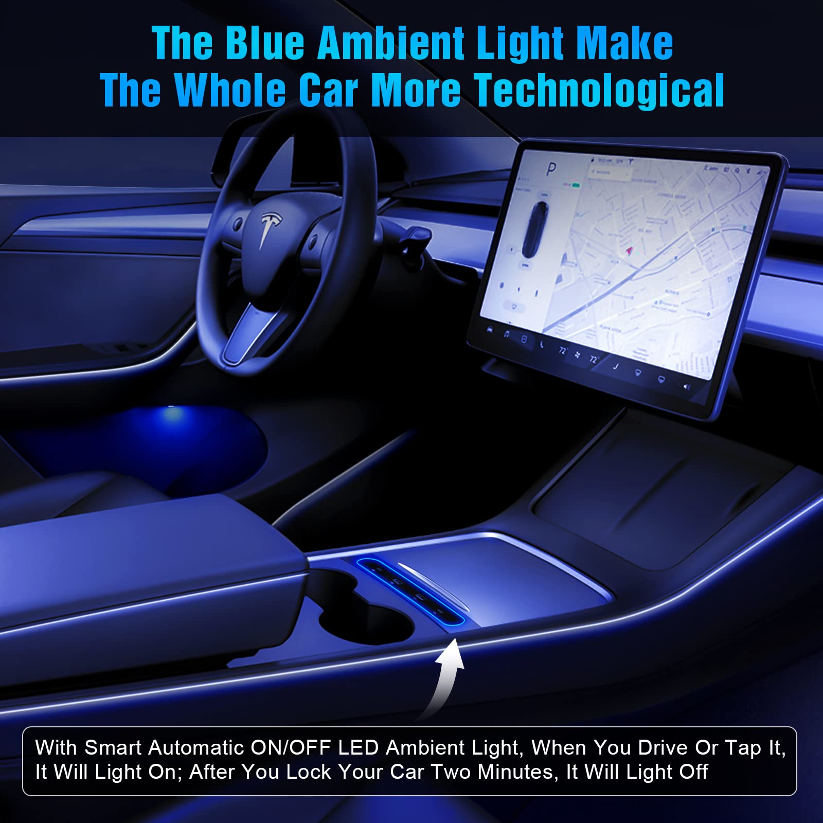 OEC-T5 Tesla USB Hub Car USB Charger 4 in 1 Center Consoles with PD Fast Charge Port and Blue Automatic LED Ambient Light Fit for 2021 2022 Tesla Model Y Model 3