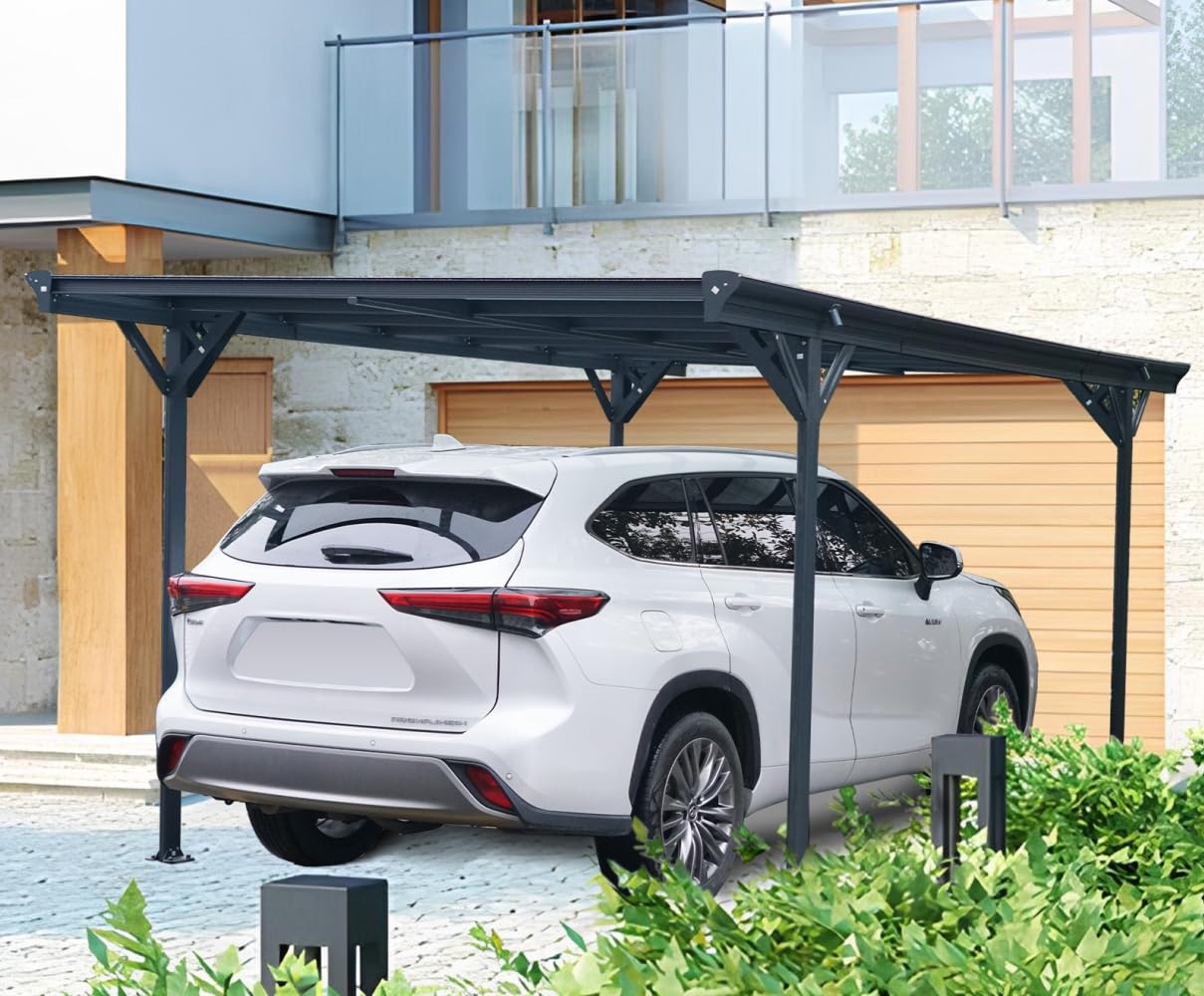 Real Relax Carport Heavy Duty Metal, 10 x 16 ft Aluminum Pitched-Roof Canopy with Polycarbonate Panel