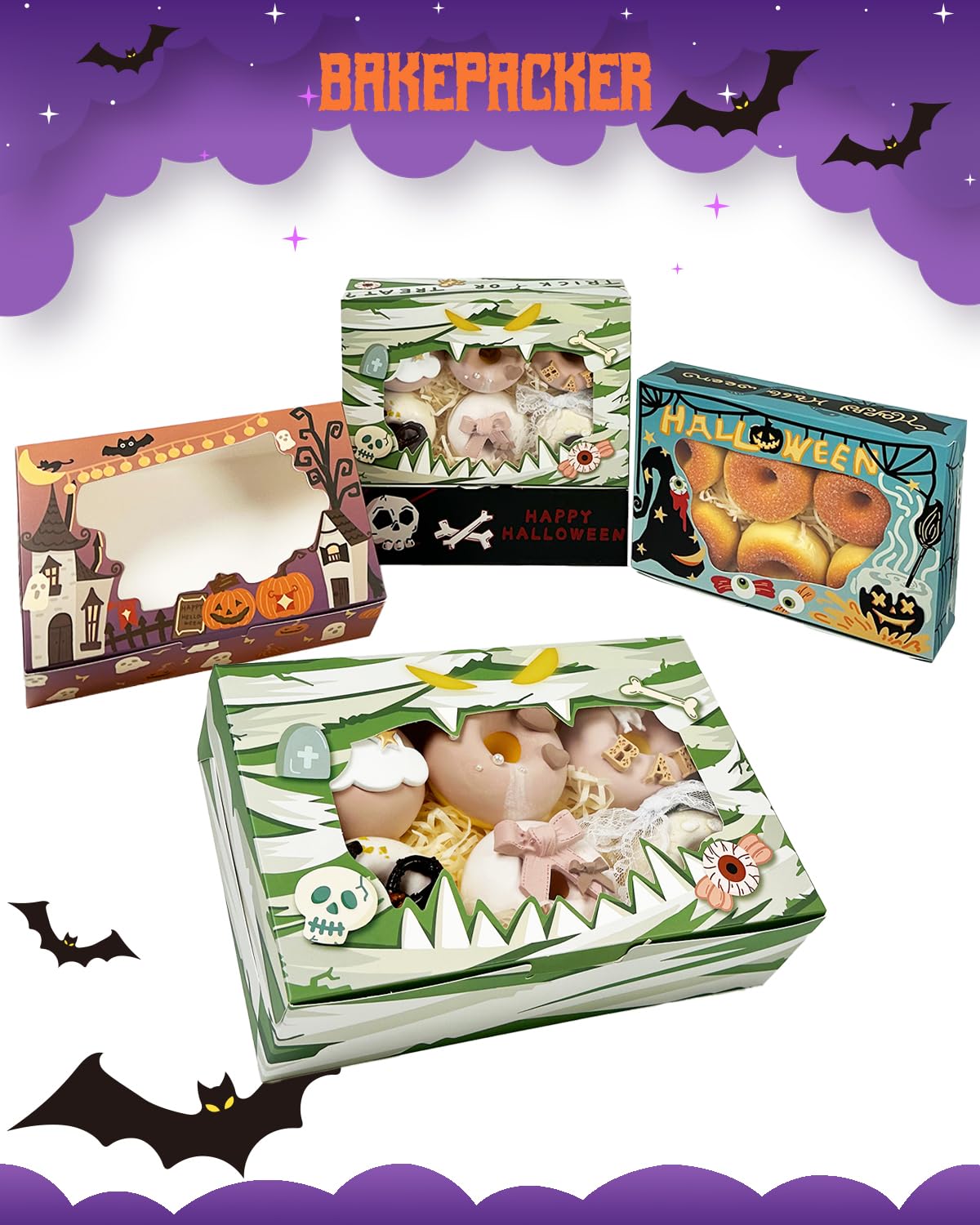 Halloween Bakery Boxes with Window 9x6x2.5 inches Pastry Boxes Mini Cookie Boxes for Festival Bakerys Thick & Sturdy (24 Packs)