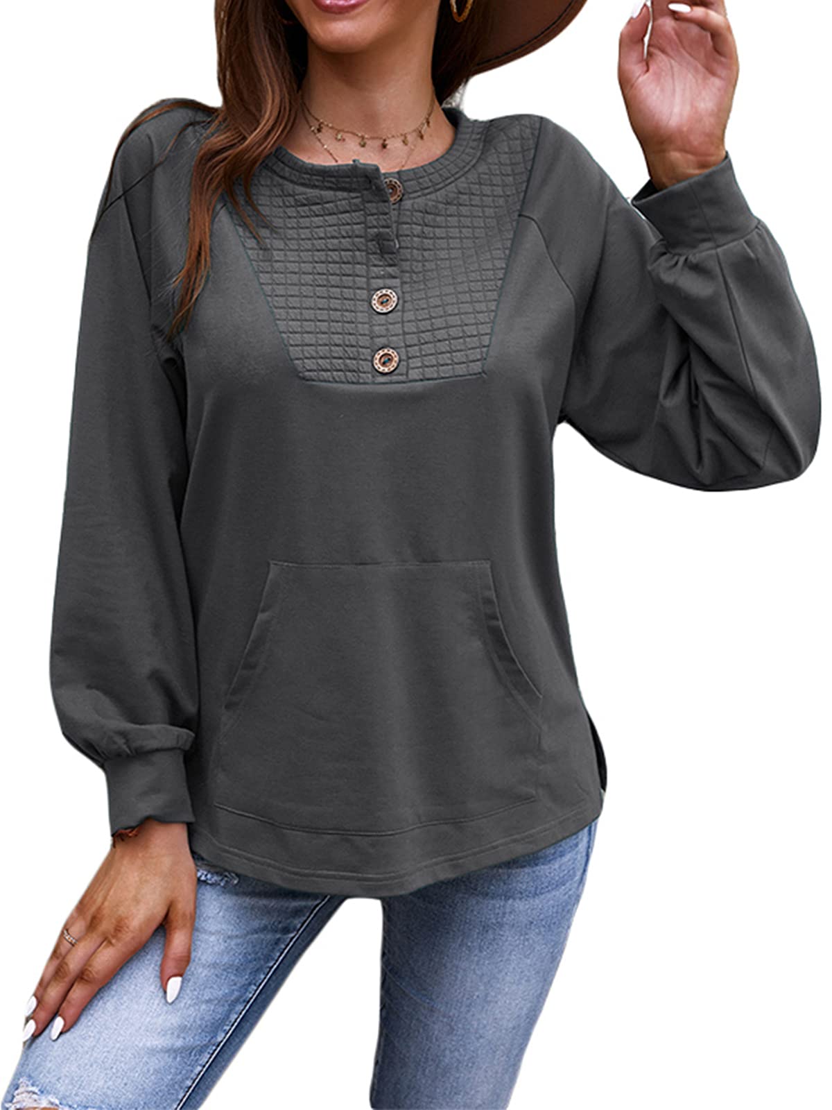 LANREMON Womens Button Up Tunic Tops Long Sleeve Sweatshirts Casual Crewneck Pullover with Pockets Dark Gray L