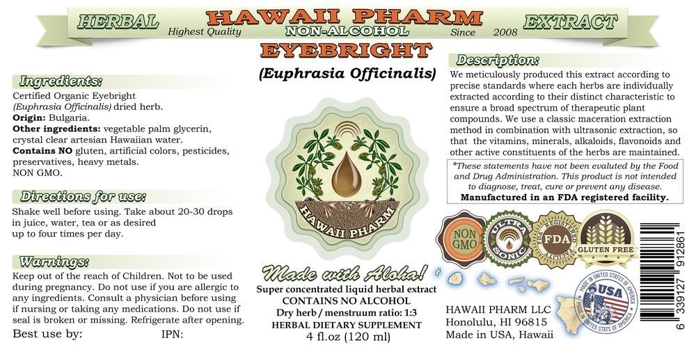 Hawaii Pharm Eyebright Alcohol-FREE Liquid Extract, Organic Eyebright (Euphrasia officinalis) Dried Herb Glycerite Natural Herbal Supplement 2 oz