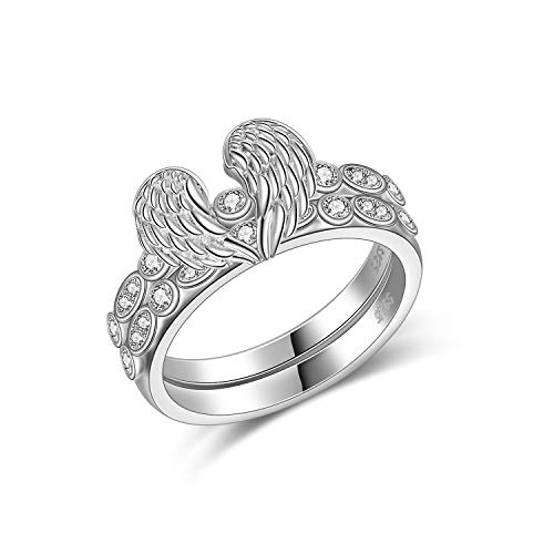 HUKKUN Couple Rings Sterling Silver Stackable Feather Matching Rings for Couples Angel Wings Jewelry Gift for friend