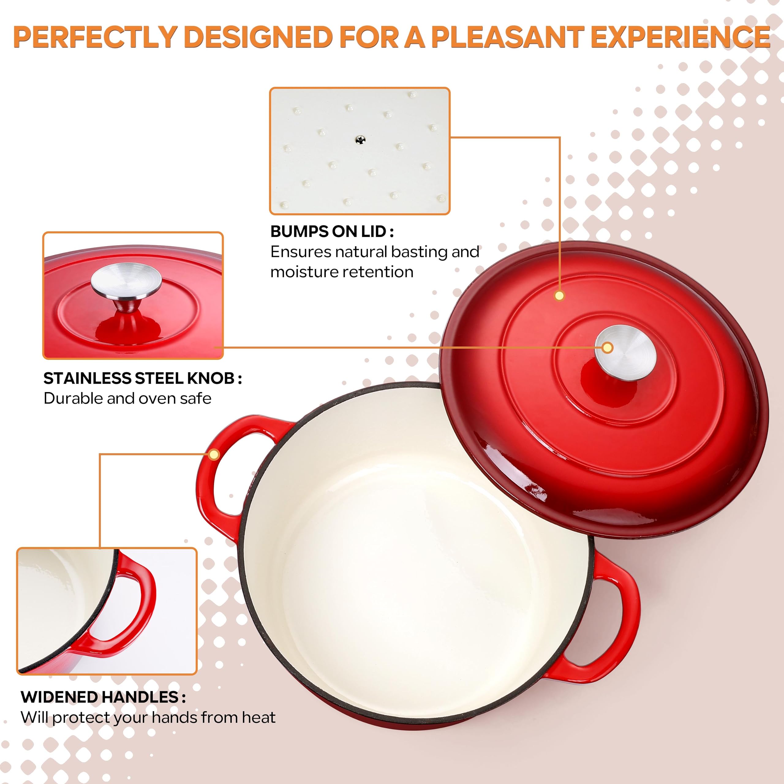 Herogo 6 Quart Enameled Cast Iron Dutch Oven with Lid, Round Dutch Oven Pot with Dual Handles for Bread Baking Stewing Roasting Red