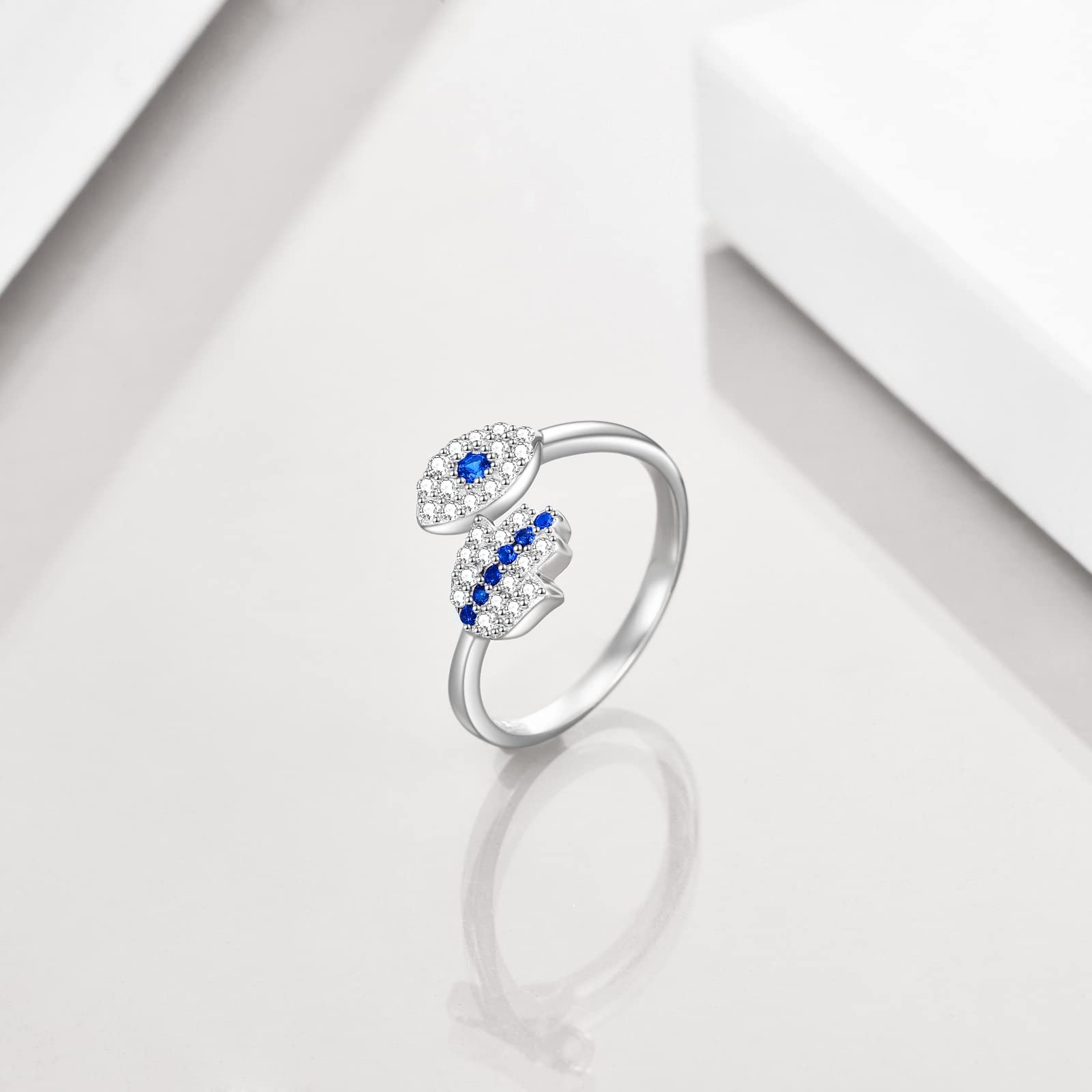 HUKKUN Evil Eye Rings for Women 925 Sterling Silver Cute Adjustable Stacking Ring Hamsa Hand Jewelry Delicate Blue Third Eye Jewelry Gift for Best Friend/Daughter