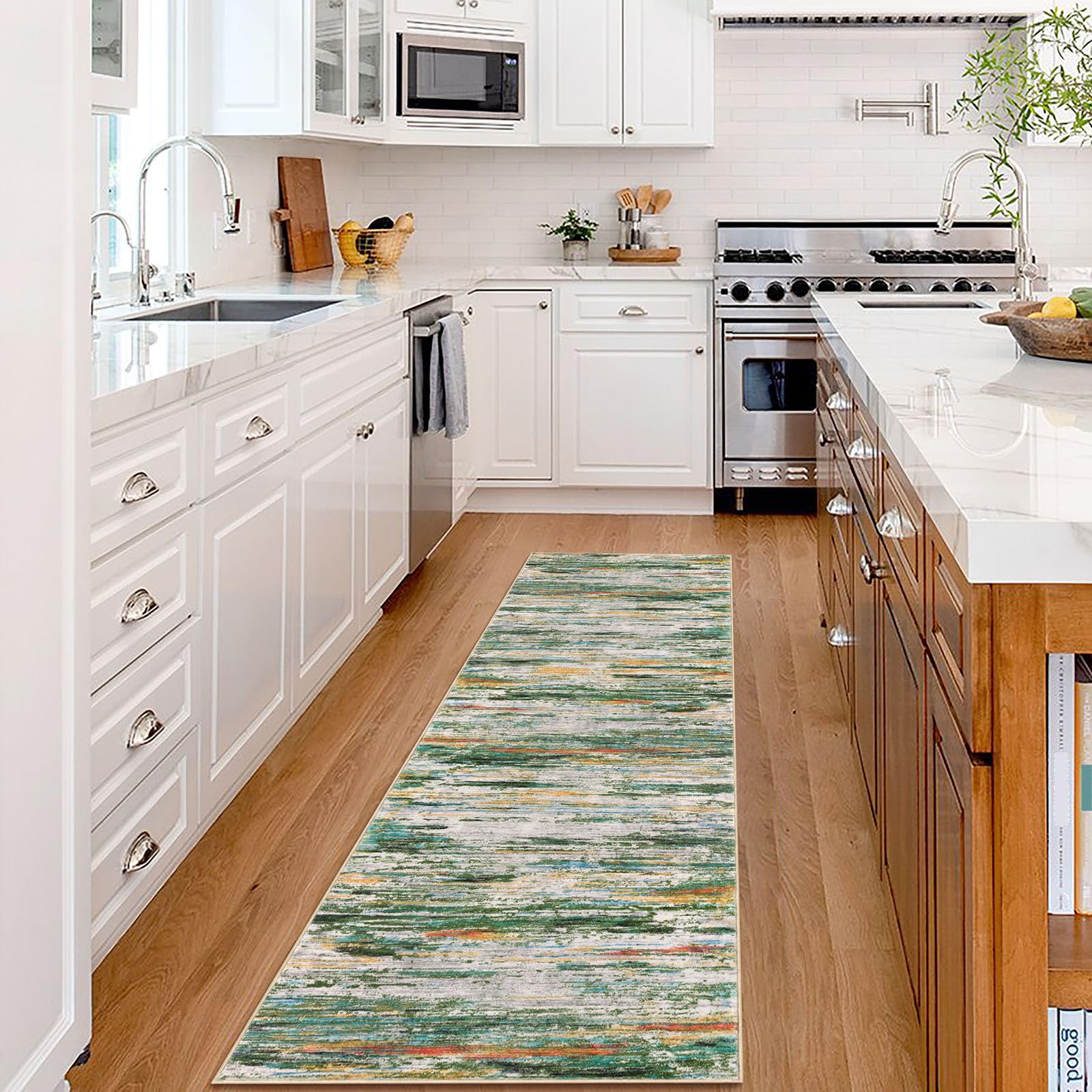 Siiloom 2x6 Green Multi Modern Abstract Runner Rug for Hallways, Super Soft Hallway Decor Kitchen Rugs with Non-Slip, Non-Shedding Washable Rug for Hallways Entryway Bedroom Bathroom Laundry Indoor