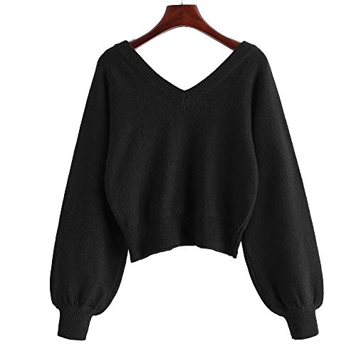 ZAFUL Women's Raglan Long Sleeve Double Side V Neck Short Sweater Casual Solid Cropped Knit Top Pullovers Black