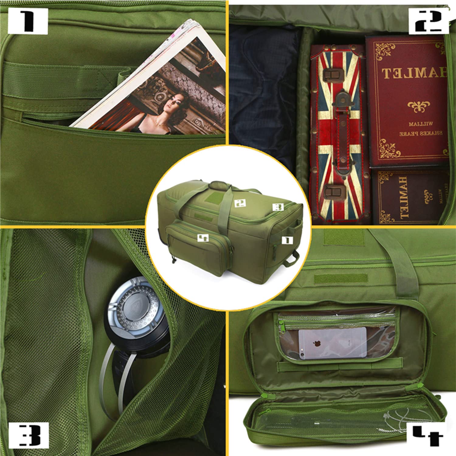 Greencity Duffel Bag Wheels Rolling Deployment Wheeled Military Suitcase Heavy-Duty Extra large deployment bag Capacity 32 Inch,Green
