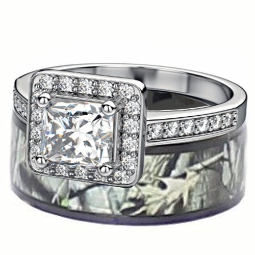 His & Her Black Titanium Camo Sterling Silver Engagement Wedding Ring Set (Size Men 7; Women 7)